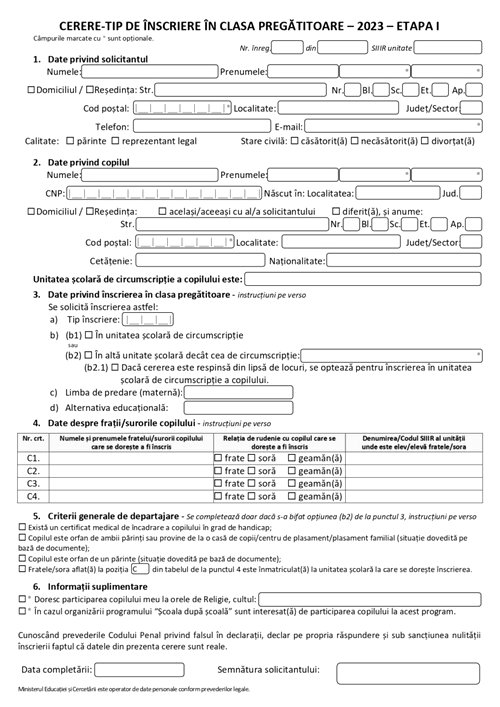Înscrieri clasa pregătitoare 2023-2024. Model de cerere - Ego.ro