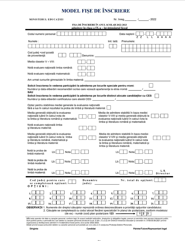 Model fișă de înscriere la liceu 2022. În ce ordine trebuie să bifezi ...